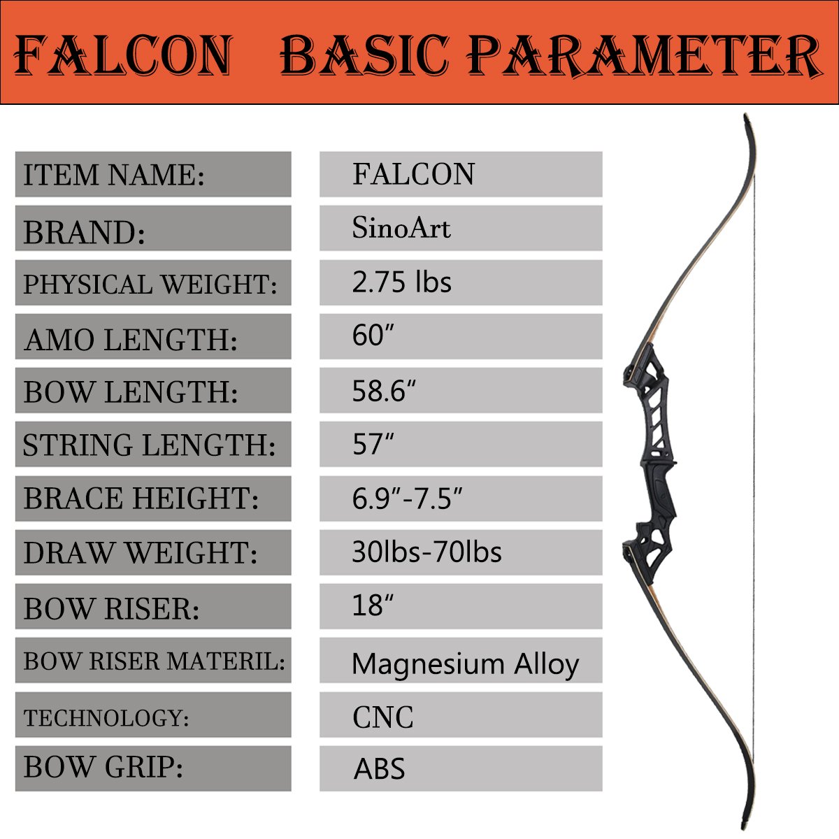 SinoArt Falcon 60" Takedown Hunting Recurve Bow Metal Riser 70 Lbs Black/Camo Right Handed (Black)