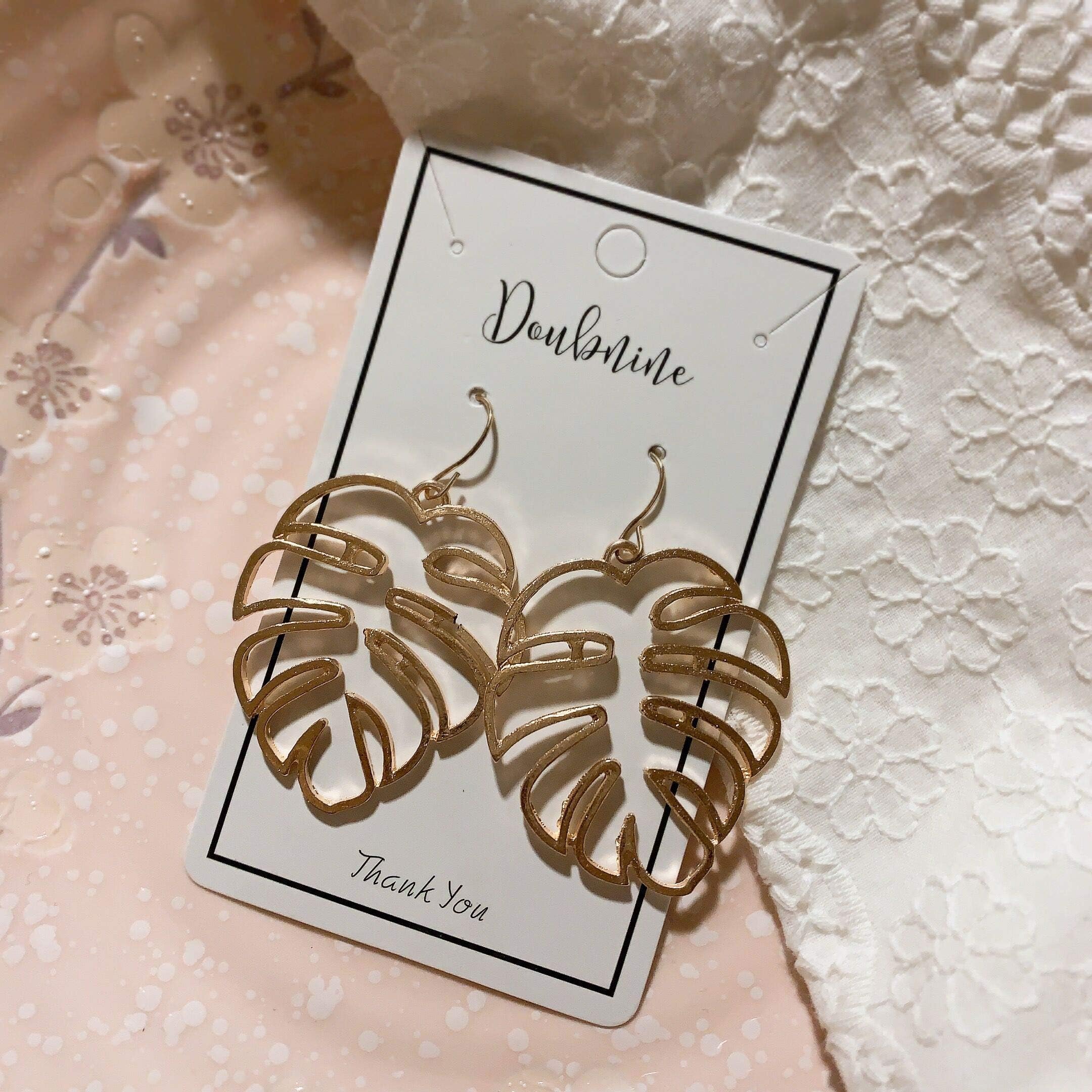 Doubnine Palm Leaf Earrings Large Monstera Rose Golden Line Dangle Earrings Bohemian Summer Festvial Jewelry for Women (rose golden)