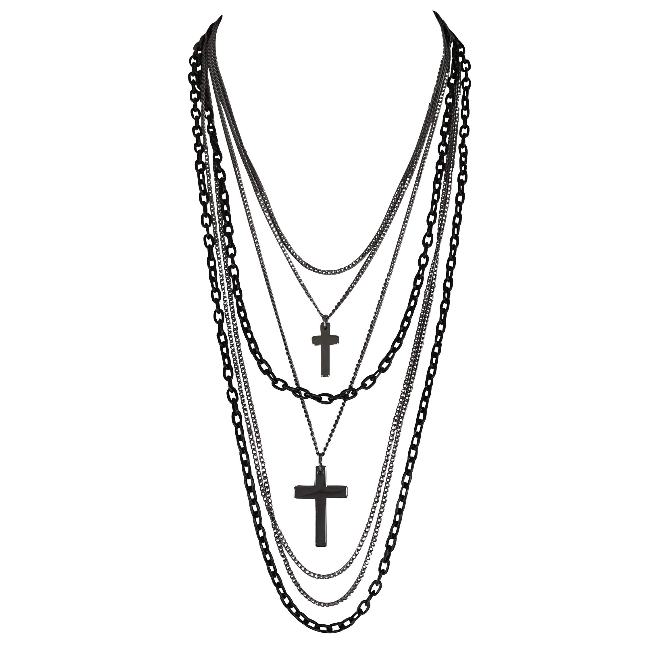 DragonWeave Jewelry Deluxe Gothic Crosses Retro 80 Madonna Multilayer Black & Gunmetal Chain Long Multi Strand Necklace