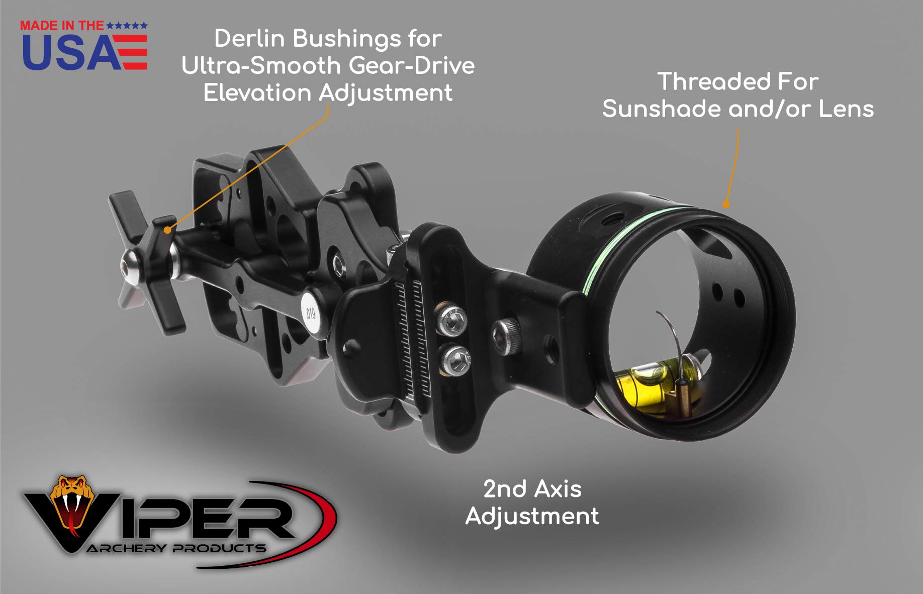 VIPER Archery Sidewinder Compound Bow Sight - Made in USA - Machined Aluminum, Bright Fiber-Optic Single Pin, Toolless Quickset Gear-Drive Elevation Adjustment, 0.015 Pin