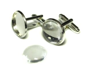 all in one cufflinks cuff links button cabochon blank trays frame with clear glass dome (silver 16mm - 10 sets)