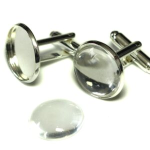 ALL in ONE Cufflinks Cuff Links Button Cabochon Blank Trays Frame with Clear Glass Dome (Silver 16mm - 10 Sets)