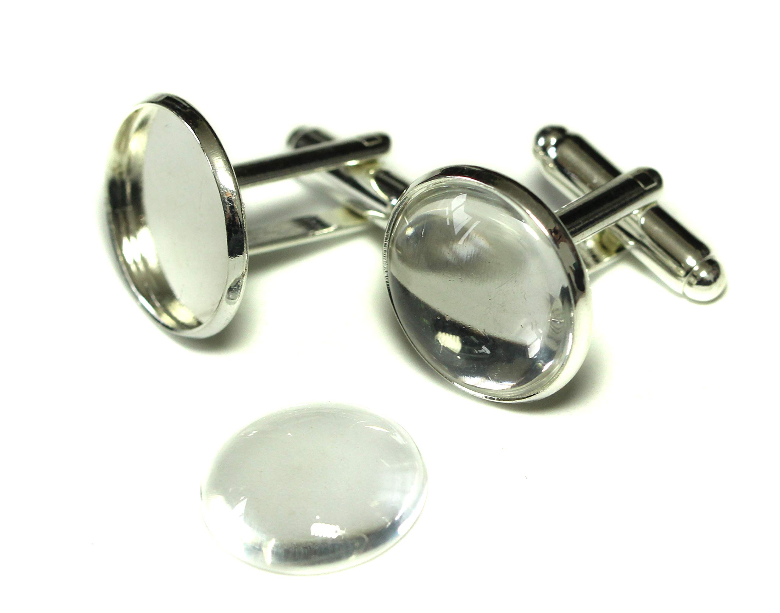 ALL in ONE Cufflinks Cuff Links Button Cabochon Blank Trays Frame with Clear Glass Dome (Silver 16mm - 10 Sets)