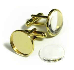 all in one cufflinks cuff links button cabochon blank trays frame with clear glass dome (gold 16mm - 10 sets)