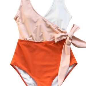 CUPSHE Women's Orange White Bowknot Bathing Suit Padded One Piece Swimsuit, M