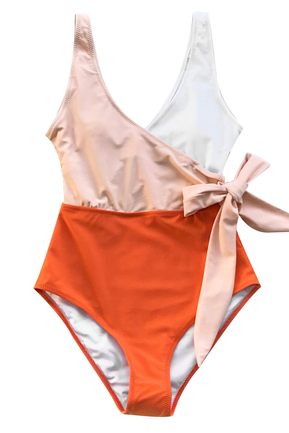 CUPSHE Women's Orange White Bowknot Bathing Suit Padded One Piece Swimsuit, M