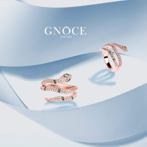 GNOCE "Creative Life Force 18K Rose Gold S925 Sterling Silver Green Snake Ring With Clear Cz Stones Womens Cool Crystal Jewelry Accessories Snake Rings For Women Fashion Rhinestones Rings (8(U.S))