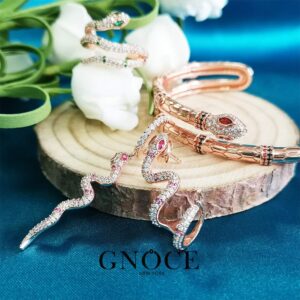 GNOCE "Creative Life Force 18K Rose Gold S925 Sterling Silver Green Snake Ring With Clear Cz Stones Womens Cool Crystal Jewelry Accessories Snake Rings For Women Fashion Rhinestones Rings (8(U.S))