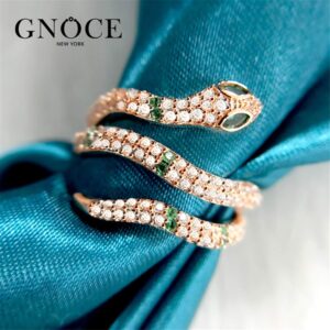 GNOCE "Creative Life Force 18K Rose Gold S925 Sterling Silver Green Snake Ring With Clear Cz Stones Womens Cool Crystal Jewelry Accessories Snake Rings For Women Fashion Rhinestones Rings (8(U.S))