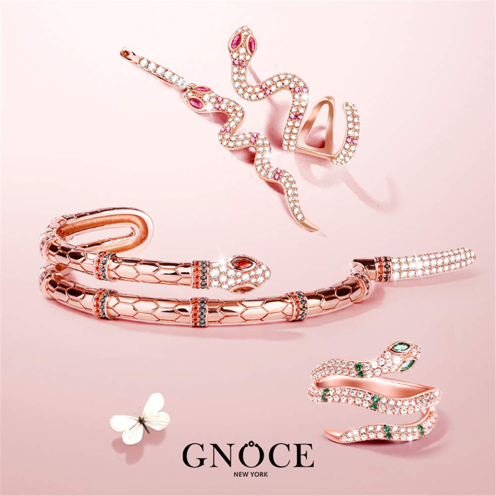 GNOCE "Creative Life Force 18K Rose Gold S925 Sterling Silver Green Snake Ring With Clear Cz Stones Womens Cool Crystal Jewelry Accessories Snake Rings For Women Fashion Rhinestones Rings (8(U.S))