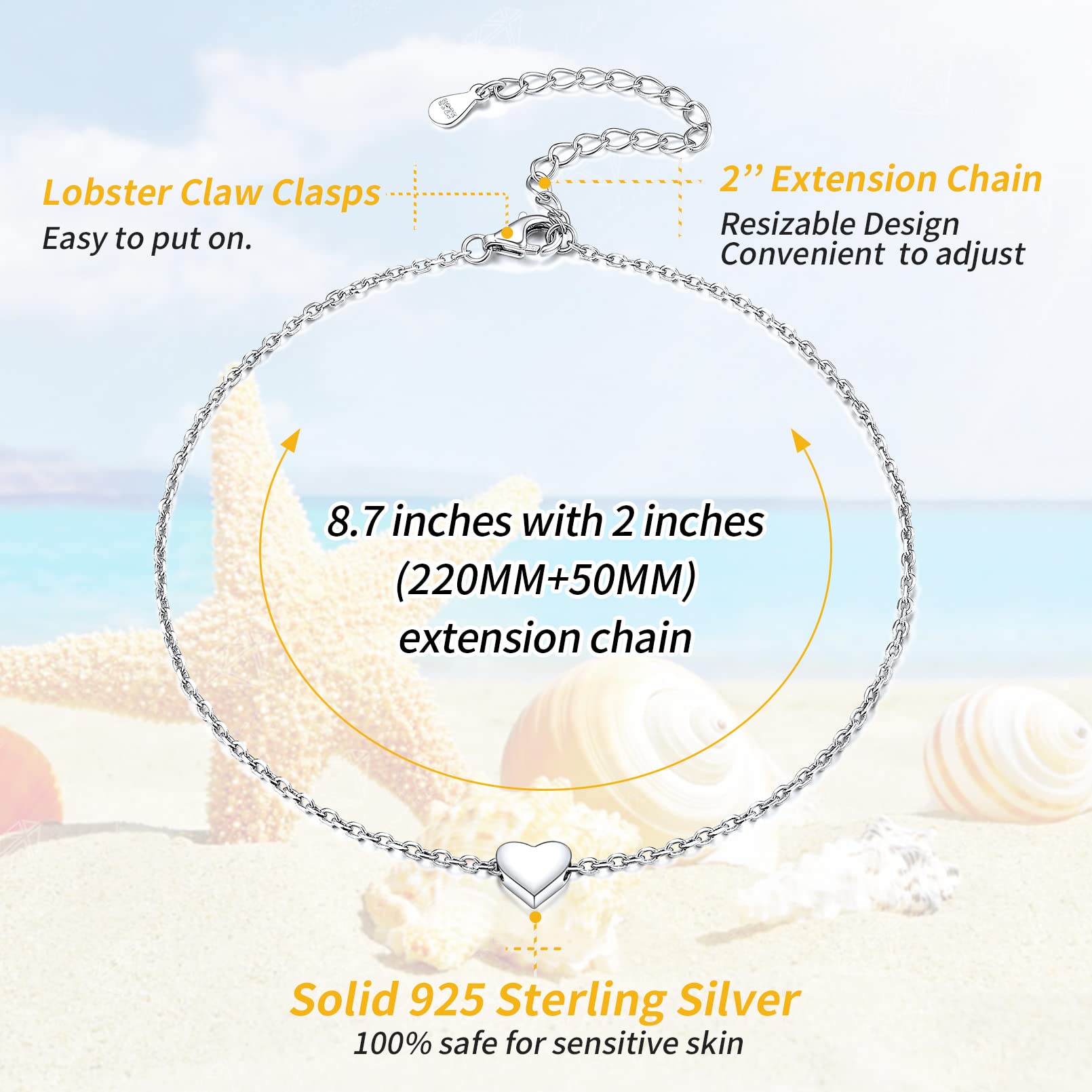 ChicSilver Ankle Bracelets for Women Silver Anklets for Women Dainty Heart Anklet