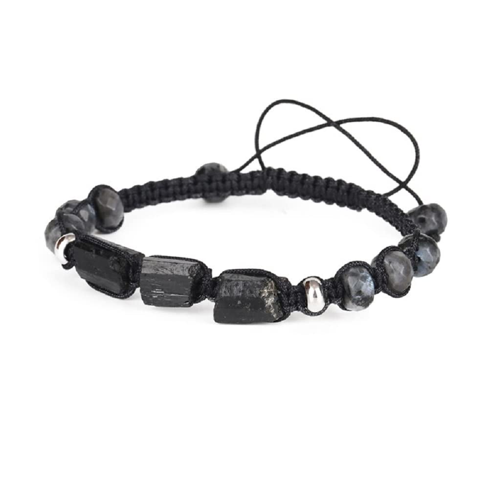 Ochoos Natural Rough Black Tourmaline Healing Stone Bead Faceted Hematite Nylon Rope Adjustable Macrame Energy Bracelet Man Women - (Length: Unisex Adjustable)