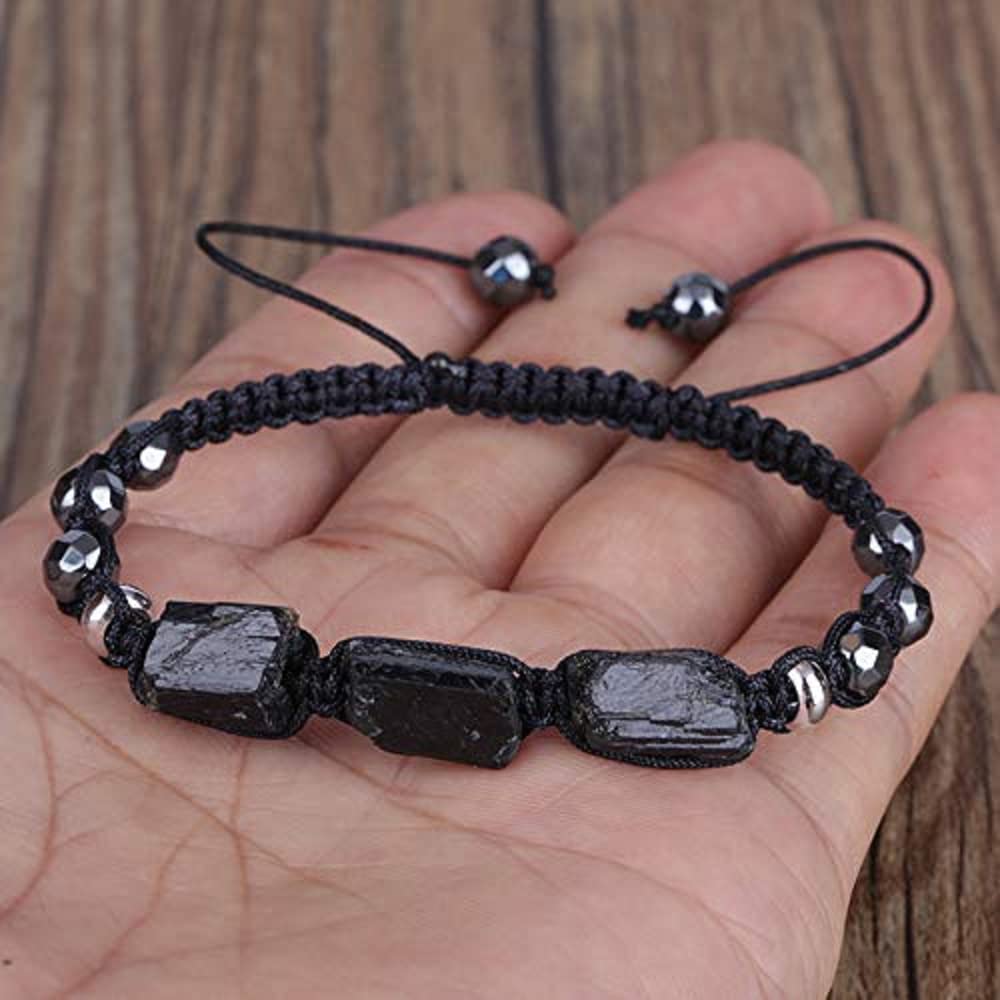 Ochoos Natural Rough Black Tourmaline Healing Stone Bead Faceted Hematite Nylon Rope Adjustable Macrame Energy Bracelet Man Women - (Length: Unisex Adjustable)