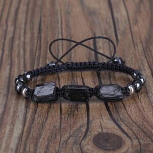 Ochoos Natural Rough Black Tourmaline Healing Stone Bead Faceted Hematite Nylon Rope Adjustable Macrame Energy Bracelet Man Women - (Length: Unisex Adjustable)