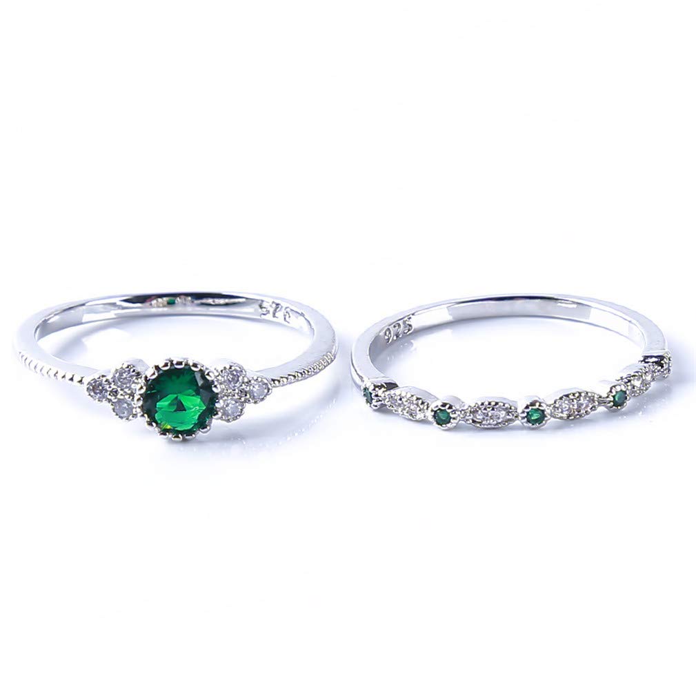 SONGLIN Gemstone Zircon Ring Two-Piece Set of Micro Emerald Rings Engagement Jewelry for Women No.7