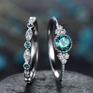 SONGLIN Gemstone Zircon Ring Two-Piece Set of Micro Emerald Rings Engagement Jewelry for Women No.7