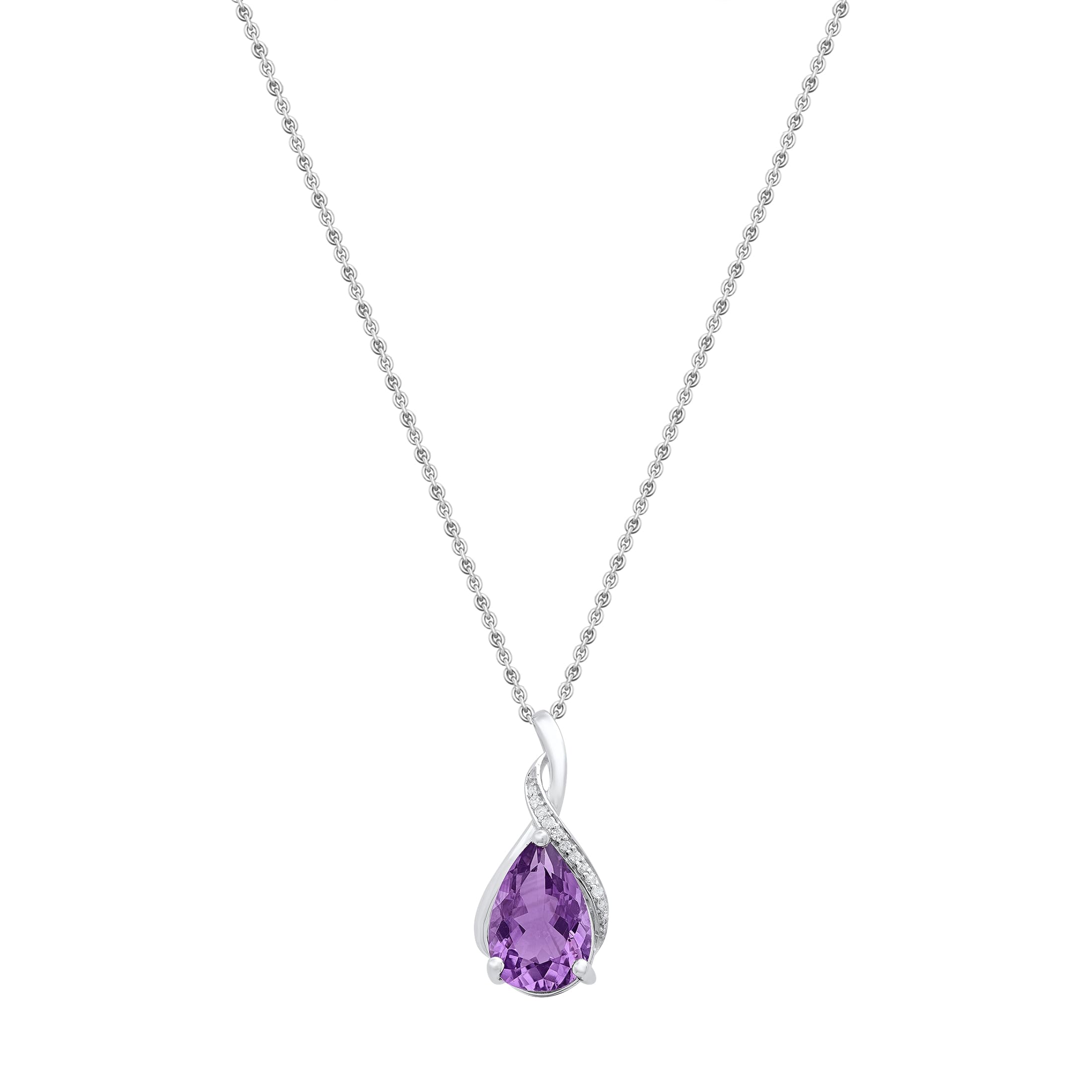 Dazzlingrock Collection 15X10 MM Pear Amethyst & Round Diamond Women Teardrop Pendant with 18 inch Silver Chain in Sterling Silver