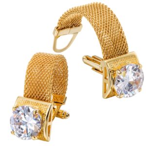 mens cufflinks with chain - stone and shiny gold tone shirt accessories - party gifts for young men (crystal)