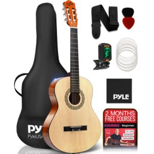 pyle beginner acoustic guitar kit, 3/4 junior size all wood instrument for kids, adults, 36" natural ash