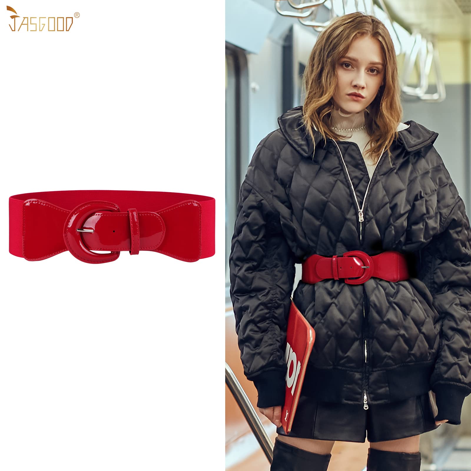 JASGOOD Women Wide Stretchy Belt,Vintage Chunky Buckle Red Elastic Waist Belts for Women Dress,Red,Fits Waist 42-49 Inches