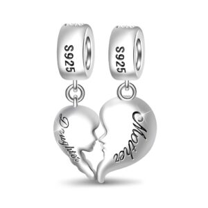 GNOCE [2 Pack Mother and Daughter Charms for Bracelet/Necklace 925 Sterling Silver Mom Love Heart Dangle Charms for Women Mom Mother's Day Gift