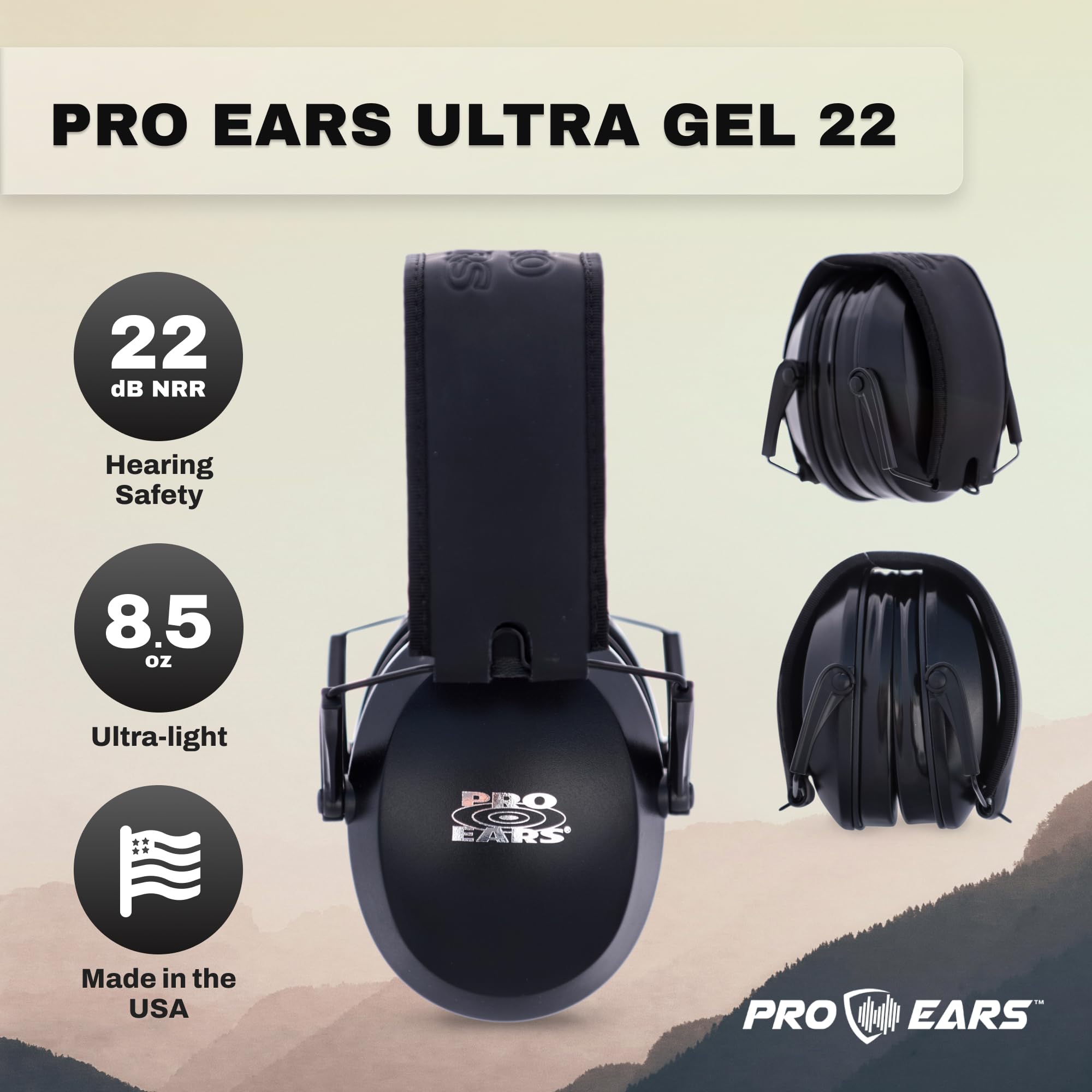 Pro Ears Ultra Gel 22 Noise Reduction Ear Muffs, Lightweight & Slim w/Aviator Gel Ear Seals, Shooting Ranges, Construction, and Loud Events, 8.5 oz