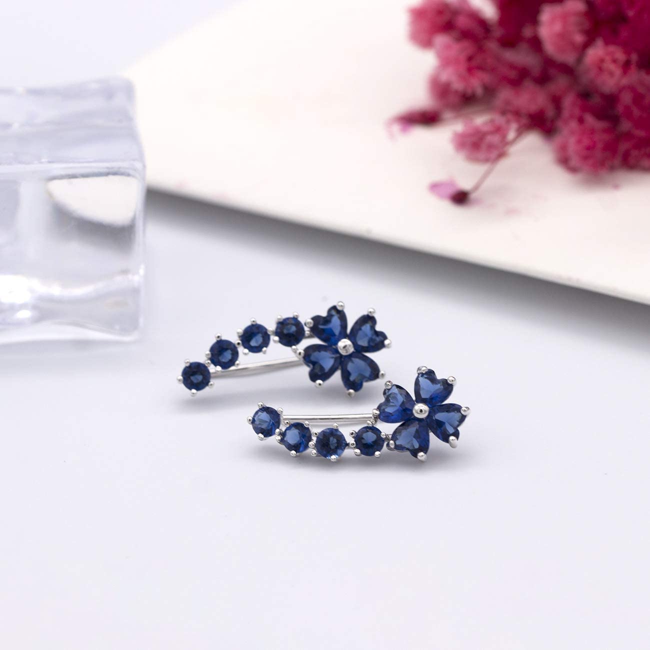 YOQUCOL Blue Sapphire-color Flower Shape Zirconia Crystal Wrap Ear Vines Climbers Earrings For Women