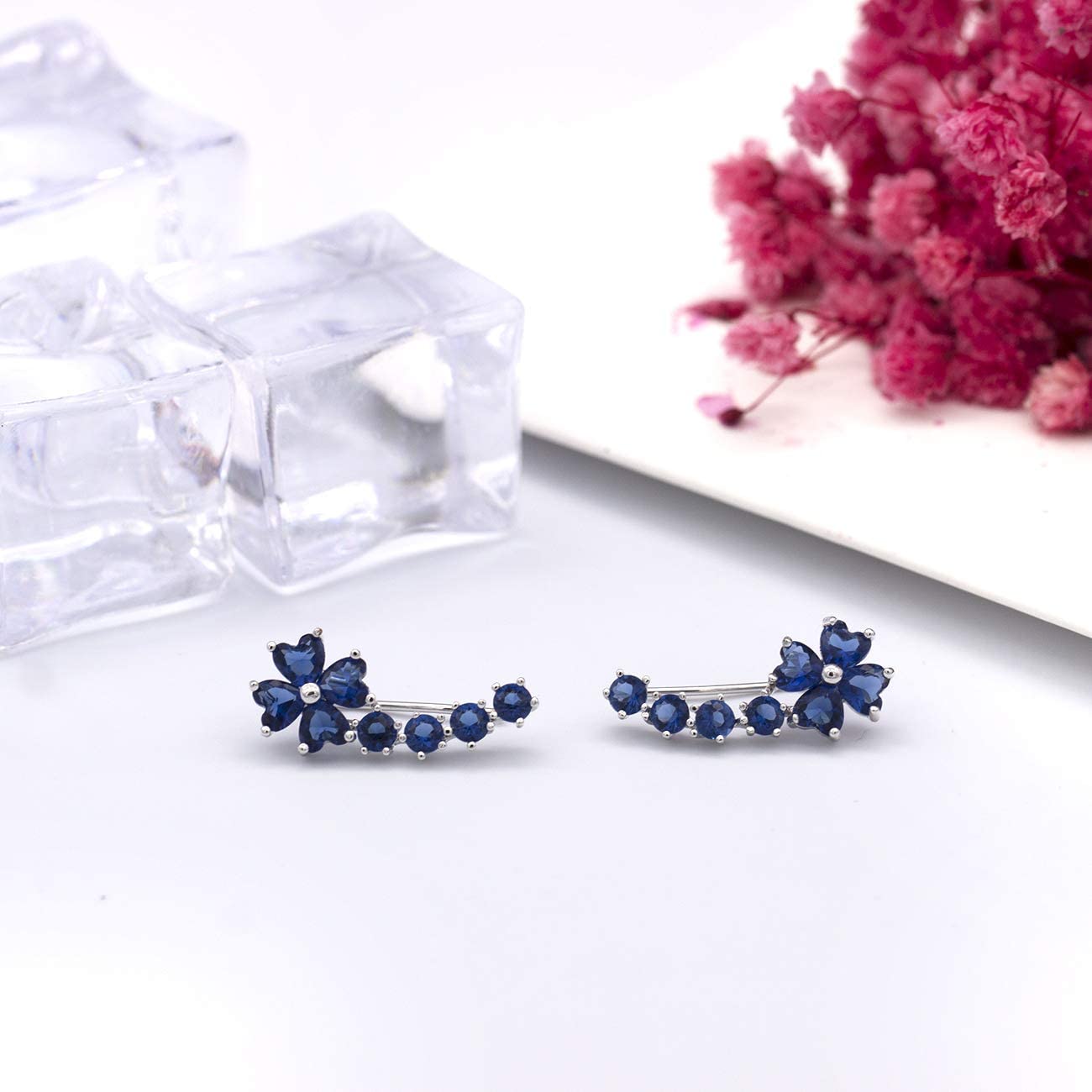 YOQUCOL Blue Sapphire-color Flower Shape Zirconia Crystal Wrap Ear Vines Climbers Earrings For Women