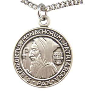 sterling silver saint benedict round jubilee medal pendant, 9/10 inch