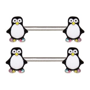 pierced owl animated penguin with colorful cz crystal gemmed feet nipple ring barbells, sold as a pair