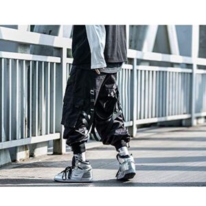 MOKEWEN Men's Multi Straps Cargo Pockets Streetwear Jogger Ankle Ninth Pants with Elastic Waist Drawstring Black W 32-33