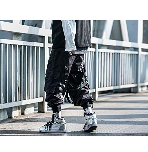 MOKEWEN Men's Multi Straps Cargo Pockets Streetwear Jogger Ankle Ninth Pants with Elastic Waist Drawstring Black W 32-33