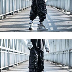 MOKEWEN Men's Multi Straps Cargo Pockets Streetwear Jogger Ankle Ninth Pants with Elastic Waist Drawstring Black W 32-33