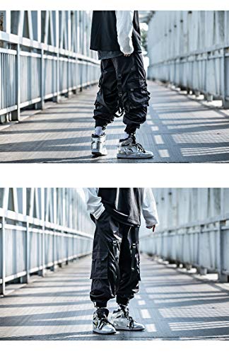 MOKEWEN Men's Multi Straps Cargo Pockets Streetwear Jogger Ankle Ninth Pants with Elastic Waist Drawstring Black W 32-33