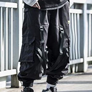 MOKEWEN Men's Multi Straps Cargo Pockets Streetwear Jogger Ankle Ninth Pants with Elastic Waist Drawstring Black W 32-33