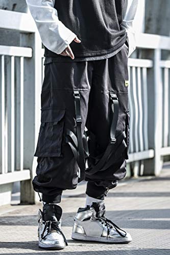 MOKEWEN Men's Multi Straps Cargo Pockets Streetwear Jogger Ankle Ninth Pants with Elastic Waist Drawstring Black W 32-33