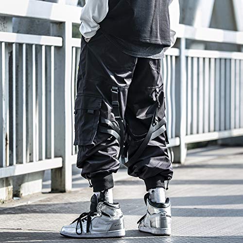 MOKEWEN Men's Multi Straps Cargo Pockets Streetwear Jogger Ankle Ninth Pants with Elastic Waist Drawstring Black W 32-33