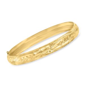 ross-simons 14kt yellow gold floral etched bangle bracelet. 7 inches