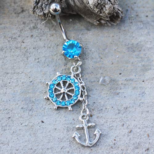 Pierced Owl Aqua Ship Wheel and Anchor Dangle Charm Nautical Belly Button Navel Ring