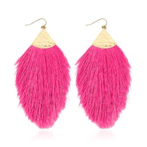 bohemian silky thread fan fringe tassel statement earrings - lightweight strand feather shape dangles (feather fringe - hot pink)