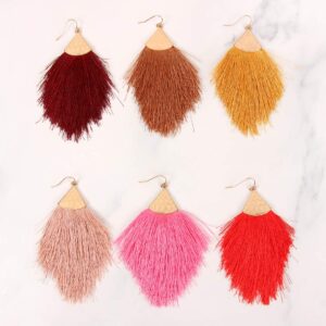 Bohemian Silky Thread Fan Fringe Tassel Statement Earrings - Lightweight Strand Feather Shape Dangles (Feather Fringe - Hot Pink)