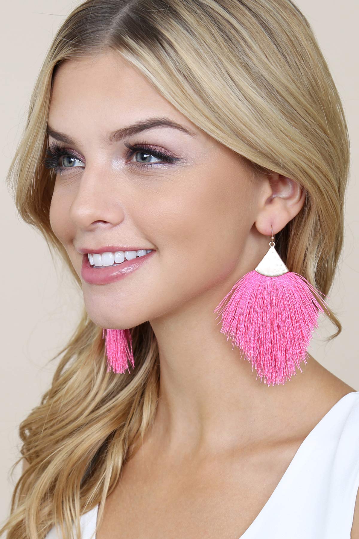 Bohemian Silky Thread Fan Fringe Tassel Statement Earrings - Lightweight Strand Feather Shape Dangles (Feather Fringe - Hot Pink)