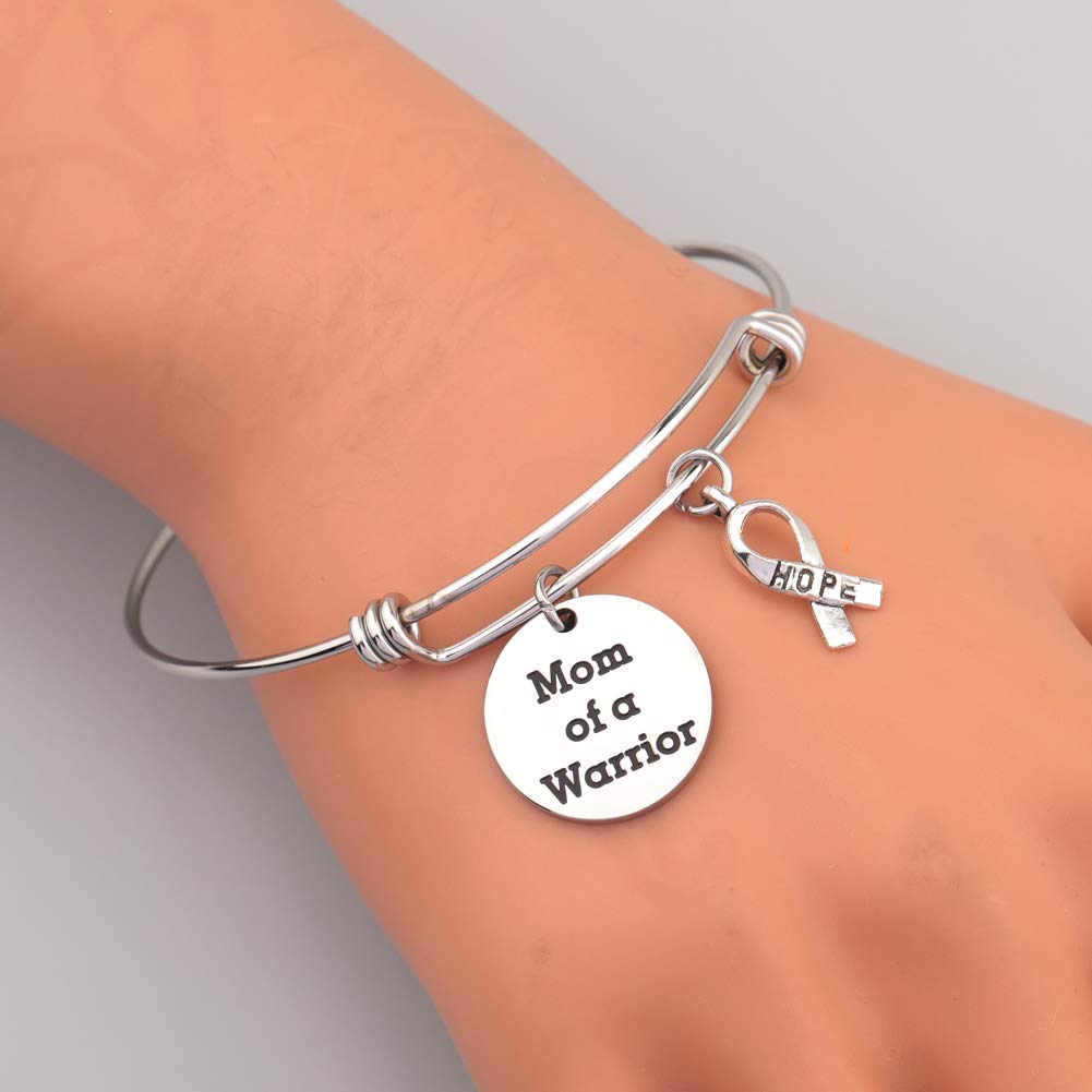 KUIYAI Mom of a Warrior Bracelet Inspirational Cancer Awareness Motivation Gifts (Silver)