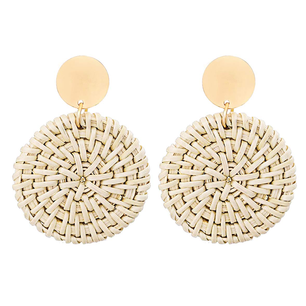 CEALXHENY Rattan Earrings for Women Handmade Straw Wicker Braid Drop Dangle Earrings Lightweight Geometric Statement Earrings (B Round)