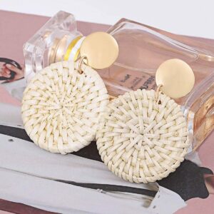 CEALXHENY Rattan Earrings for Women Handmade Straw Wicker Braid Drop Dangle Earrings Lightweight Geometric Statement Earrings (B Round)