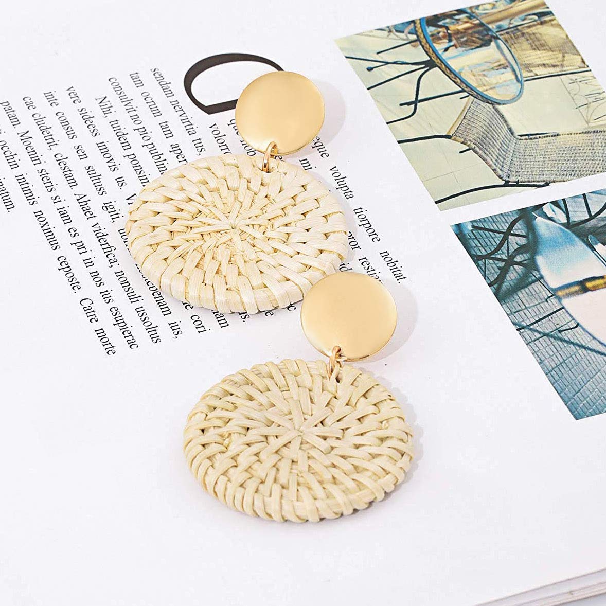 CEALXHENY Rattan Earrings for Women Handmade Straw Wicker Braid Drop Dangle Earrings Lightweight Geometric Statement Earrings (B Round)