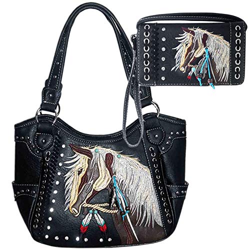 Justin West Dales Pony Horse White Mane Embroidery Feather Conceal Carry Women Handbag Purse (Black Tote Wallet Set)