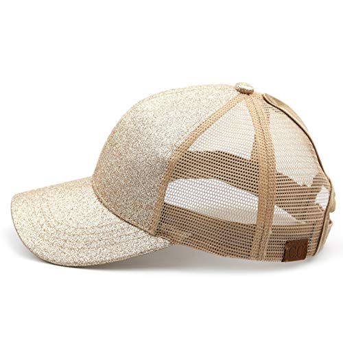 C.C Hatsandscarf Ponytail caps Messy Buns Trucker Plain Baseball Cap (BT-6) (Glitter-Gold)