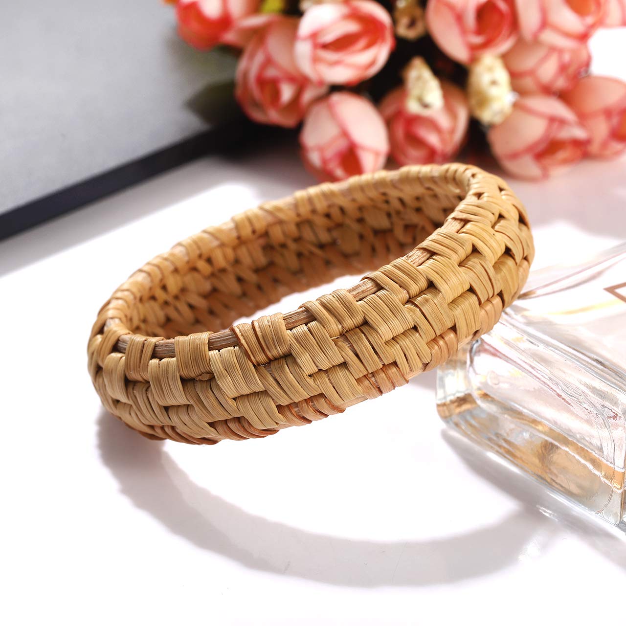 HEIDKRUEGER Rattan Bracelet For Women Handmade Lightweight Straw Wicker Braid Woven Bangle Bracelet Statement Chunky Bangle Bracelet (Classic A)