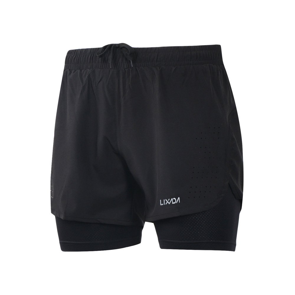 Lixada Men's 2-in-1 Running Shorts Quick Drying Breathable Active Training Exercise Jogging Cycling Shorts with Longer Liner & Reflective Elements